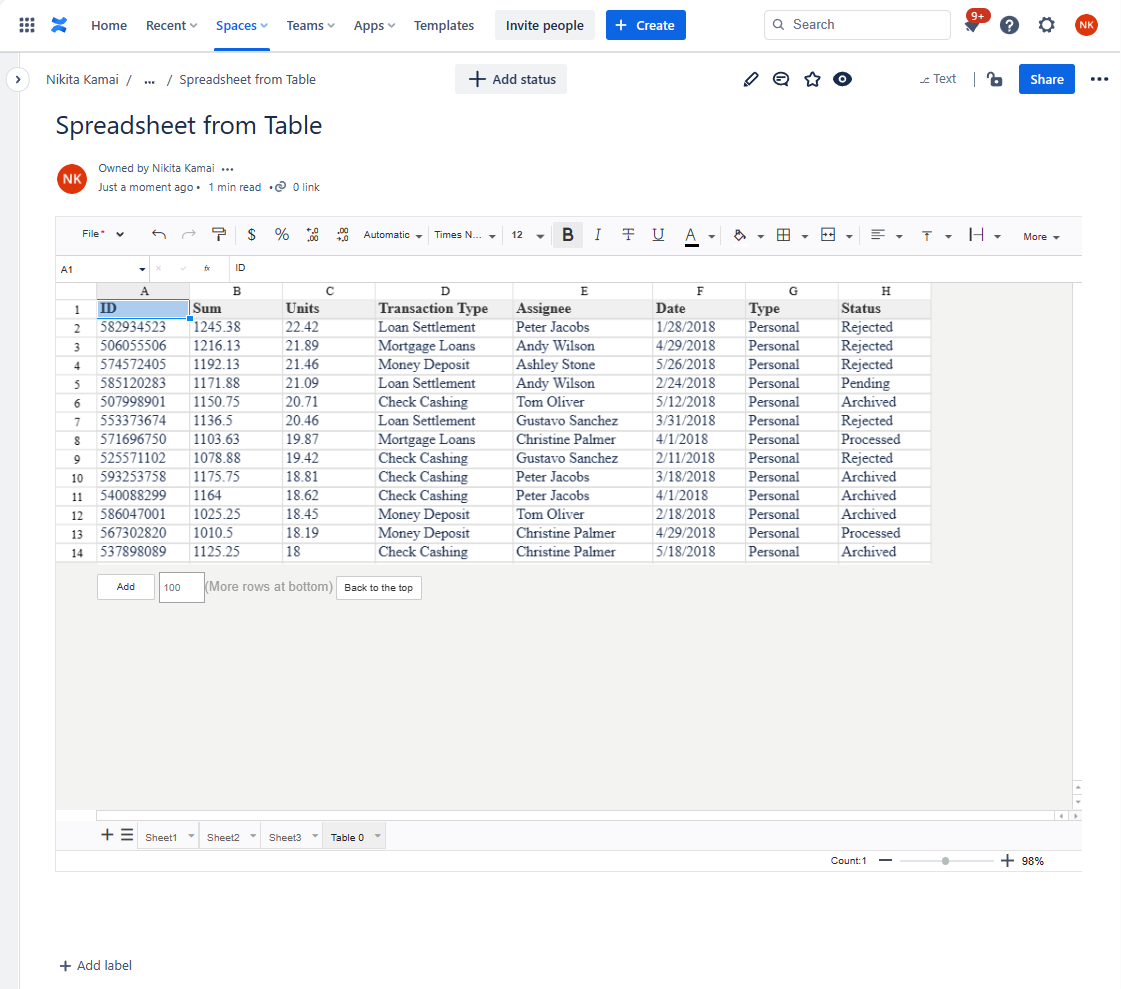 Spreadsheet from Table - Table Filter, Charts & Spreadsheets for Confluence - Knowledge base ...